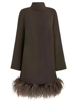 P.a.r.o.s.h Feather-trim Bow-detail Long-sleeved Shift Mini Dress - Brown