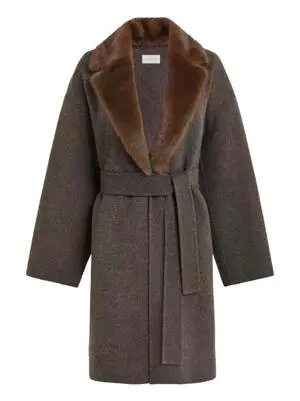 P.a.r.o.s.h Fur-collar Belted Single-breasted Coat - Grey