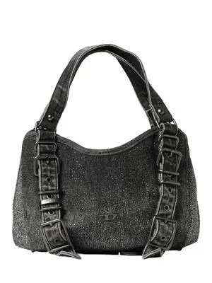 DIESEL® D-one Stone-washed Denim Handbag With Rhinestones And Oval D Logo - Black