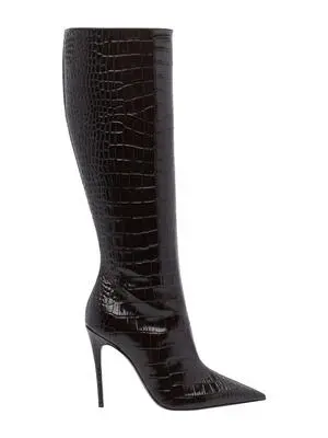 Paris Texas Vera Knee-high Boots In Croc-embossed Leather With Stiletto Heel - Ebony