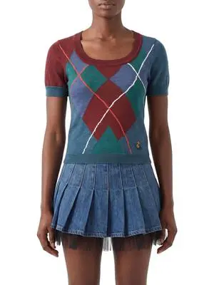 VIVIENNE WESTWOOD Argyle Wool Blend Knit Top With Square Neck - Blue