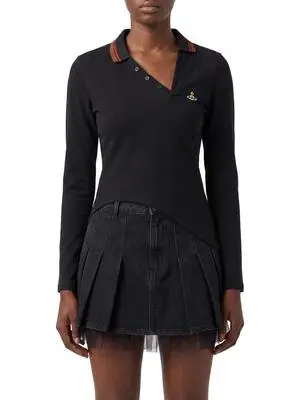 VIVIENNE WESTWOOD Asymmetrical Long-sleeved Cotton Polo With Orb Logo Black
