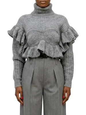 Elisabetta Franchi Ruffle-detail Mohair Blend Turtleneck Sweater Grey