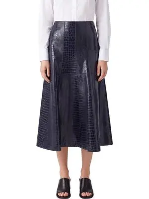 Pinko High-waisted Python Print Flared Midi Skirt In Faux Leather - Blue