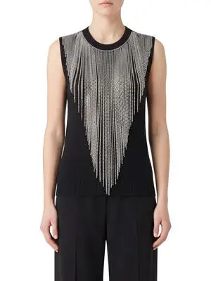 Sportmax Sleeveless Virgin Wool Evening Top With Jeweled Fringes - Black