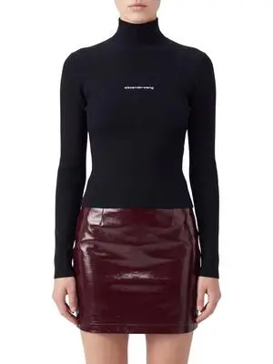 Alexander Wang Ribbed Jersey Long-sleeve Turtleneck Top With Logo - Black