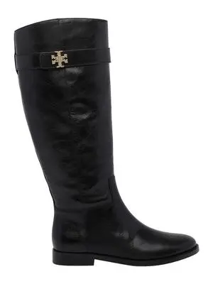 Tory Burch Double T Knee-high Western Boots In Calfskin Leather Black