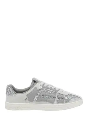 Amiri Low-top Sneakers In Calfskin And Glitter Mesh With Embroidery - Silver