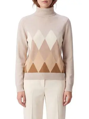 BALLANTYNE Argyle Pattern 100% Cashmere Turtleneck Sweater - Beige