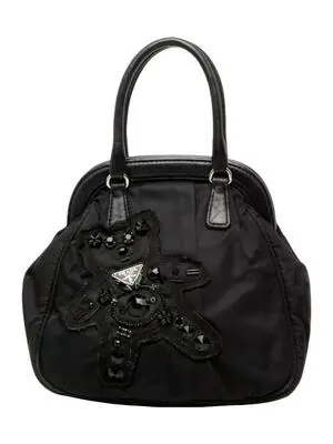 Prada 2000-2013 Beaded Tessuto Evening Bear Frame Handbag - Black