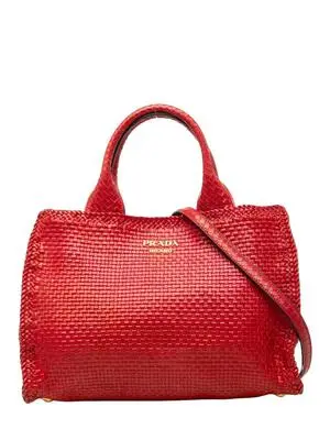 Prada 2010-2026 Small Woven Goatskin Madras Satchel - Red