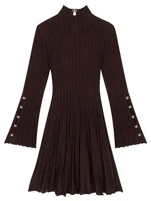 Maje Pleated High-neck Stretch-knit Mini Dress - Dark Brown