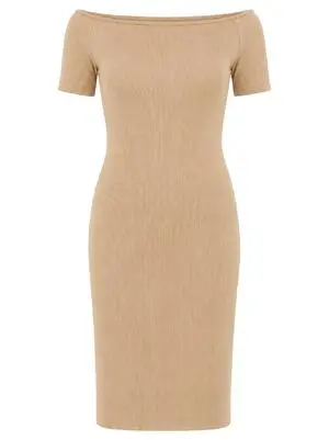 CONQUISTA Bardot Ribbed Bodycon Dress - Brown