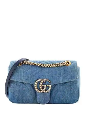 Gucci Pearly Gg Marmont Flap Bag Matelasse Denim Small Shoulder Bag - Blue