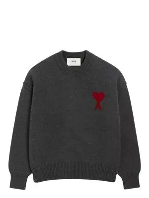 AMI Grey Crewneck Wool Sweater With Ami De Coeur