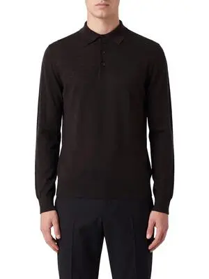 Emporio Armani Long-sleeved Virgin Wool Knit Polo Shirt With Three-button Placket Brown