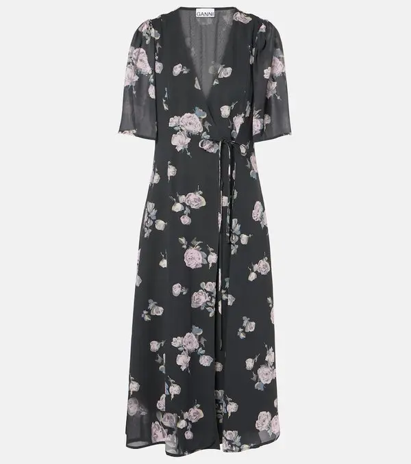 GANNI Floral Crepe Wrap Dress - Black