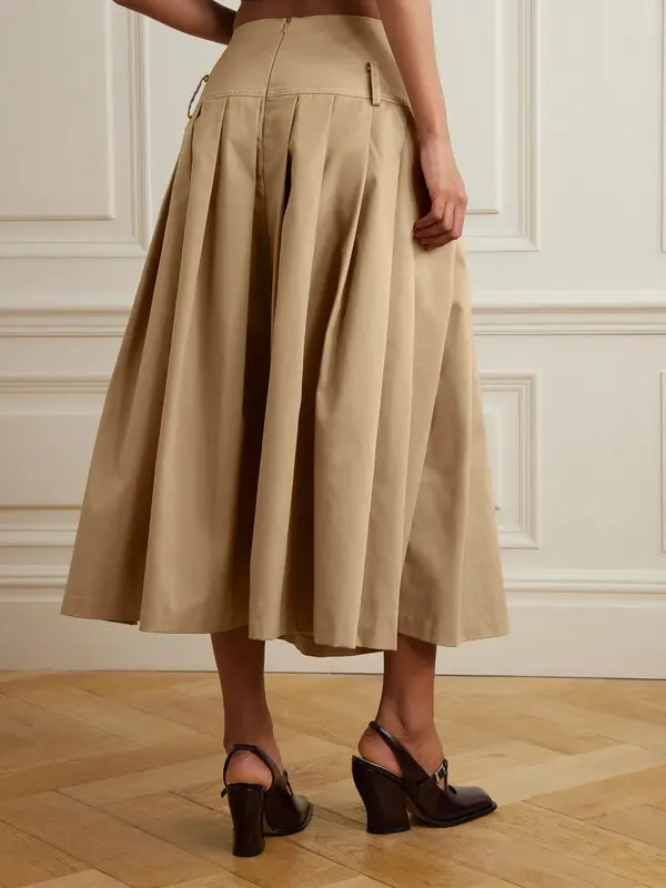 TOLU COKER Pleated Topstitched Denim Midi Skirt
