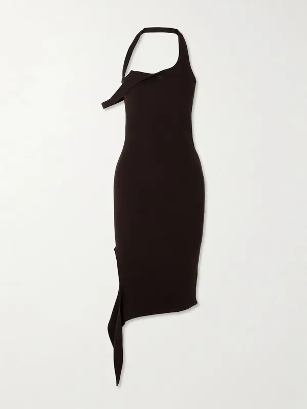 COURREGES Asymmetric Draped Ribbed-knit Midi Dress - Brown