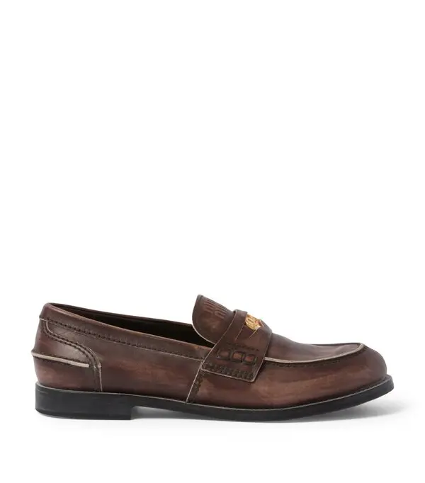 Miu Miu Distressed Leather Penny Loafers - Brown