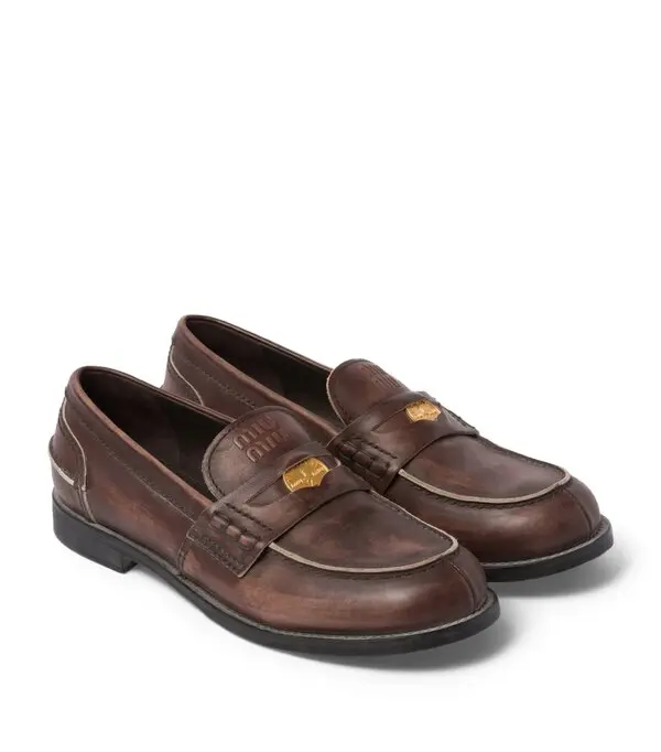 Miu Miu Distressed Leather Penny Loafers - Brown