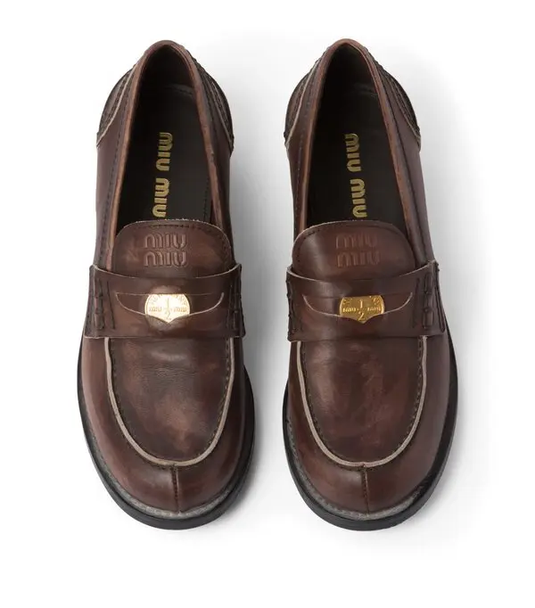 Miu Miu Distressed Leather Penny Loafers - Brown