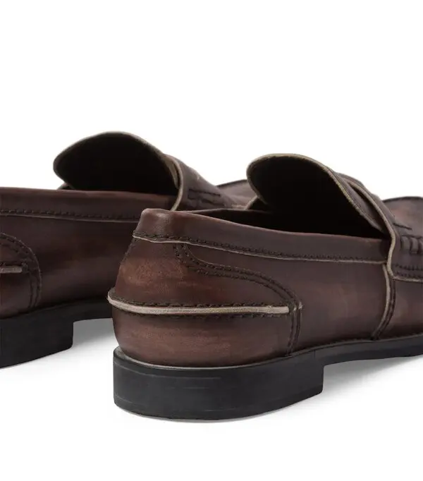 Miu Miu Distressed Leather Penny Loafers - Brown