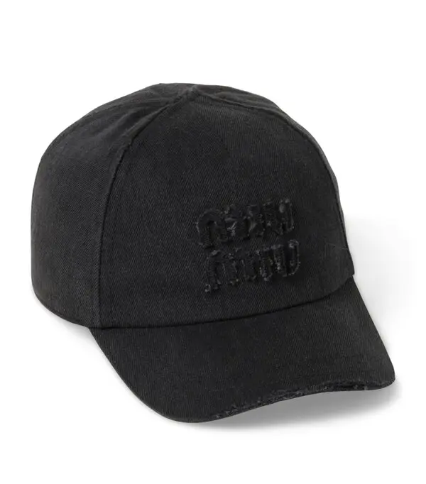 Miu Miu Denim Baseball Cap With Embroidered Logo - Black
