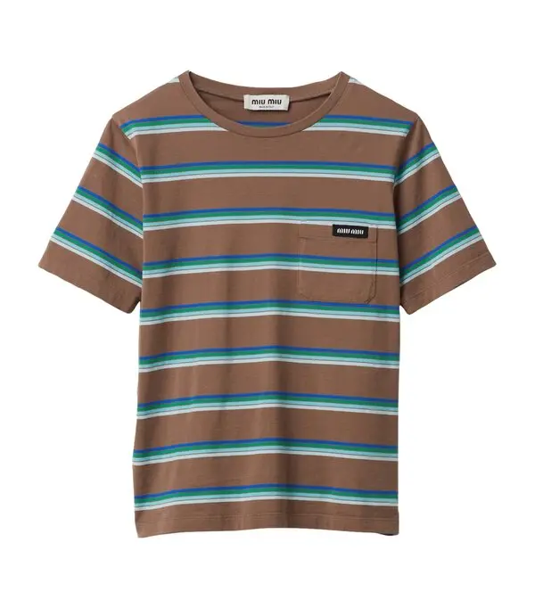 Miu Miu Cotton Striped Long-sleeve T-shirt With Pocket - Brown
