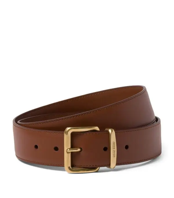 Miu Miu Leather Belt With Engraved Buckle - Brown