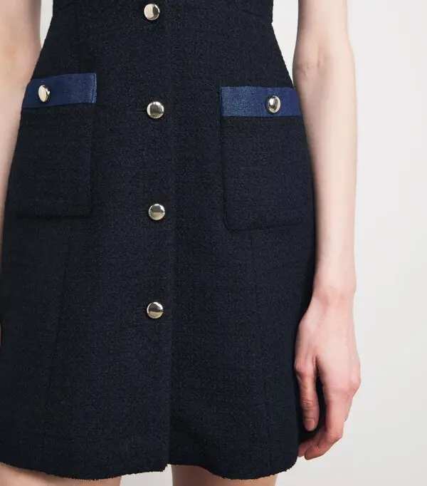 Maje Sleeveless Tweed Mini Dress With Contrast Collar And Denim Trims - Blue