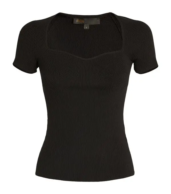 Maje Short Sleeve Ribbed Sweetheart Neck Top - Black
