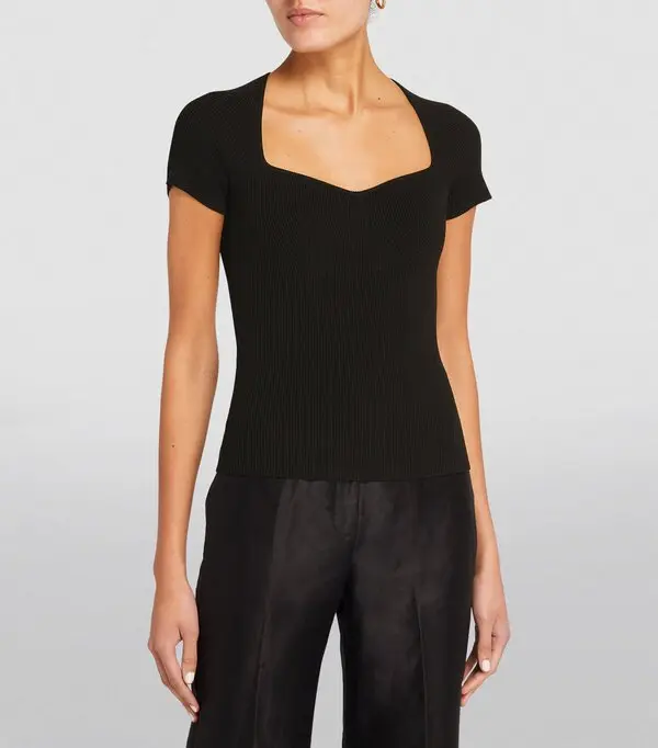 Maje Short Sleeve Ribbed Sweetheart Neck Top - Black