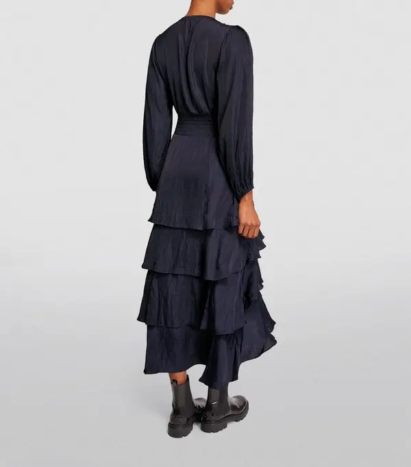 Maje Ruffled V-neck Midi Dress With Billowing Sleeves - Blue