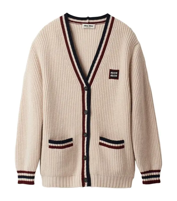 Miu Miu Cashmere Knitted Cardigan With Applique And Two-tone Stripes - Neutral