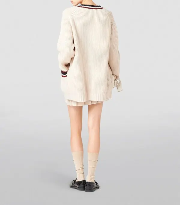 Miu Miu Cashmere Knitted Cardigan With Applique And Two-tone Stripes - Neutral