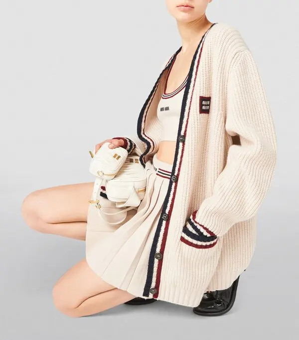 Miu Miu Cashmere Knitted Cardigan With Applique And Two-tone Stripes - Neutral