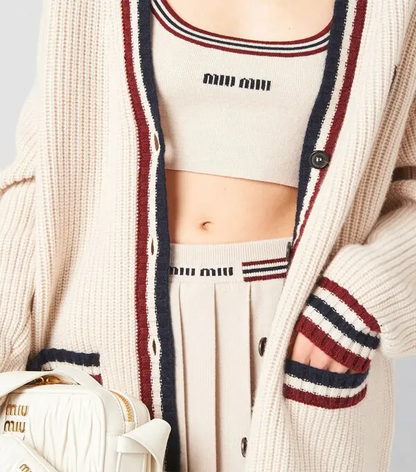 Miu Miu Cashmere Knitted Cardigan With Applique And Two-tone Stripes - Neutral