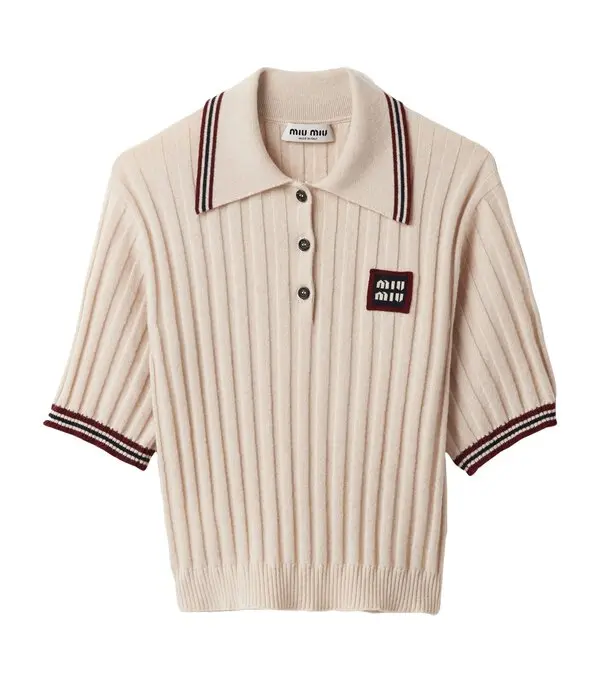 Miu Miu Cashmere Knitted Polo Top With Contrast Stripes