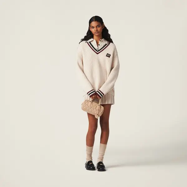Miu Miu Cashmere Knitted Polo Top With Contrast Stripes
