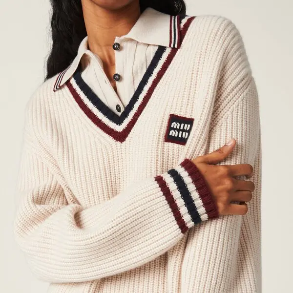 Miu Miu Cashmere Knitted Polo Top With Contrast Stripes