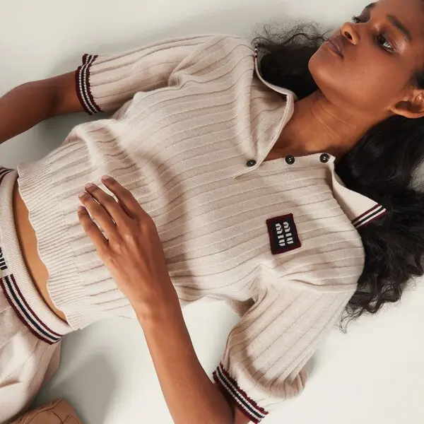 Miu Miu Cashmere Knitted Polo Top With Contrast Stripes