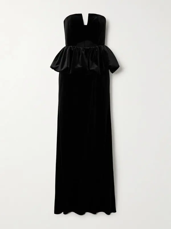 SELF-PORTRAIT Strapless Cutout Velvet Peplum Maxi Dress - Black