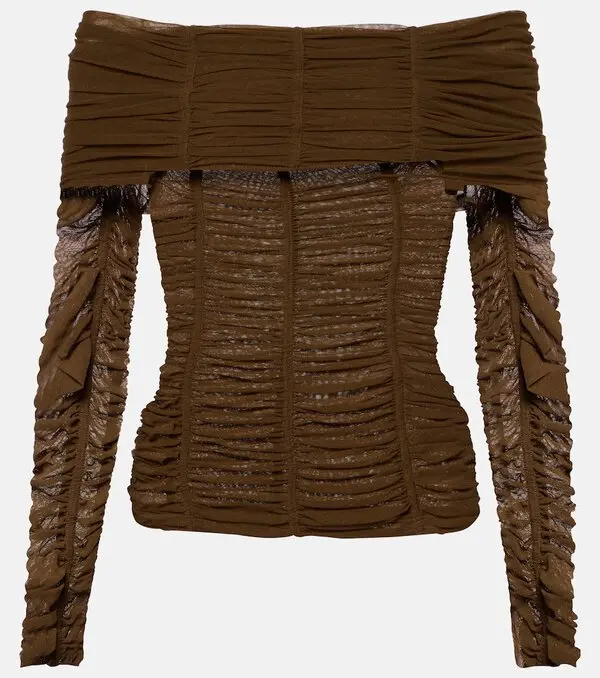 Attico Ruched Off-shoulder Jersey Top - Brown