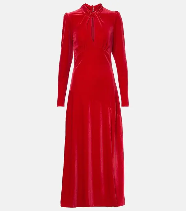 GANNI Velvet Jersey Midi Dress - Red