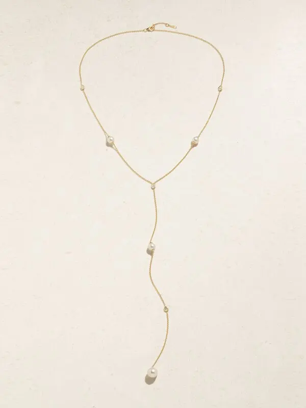 Mizuki 14 Karat Diamond And Pearl Lariat Necklace - Gold