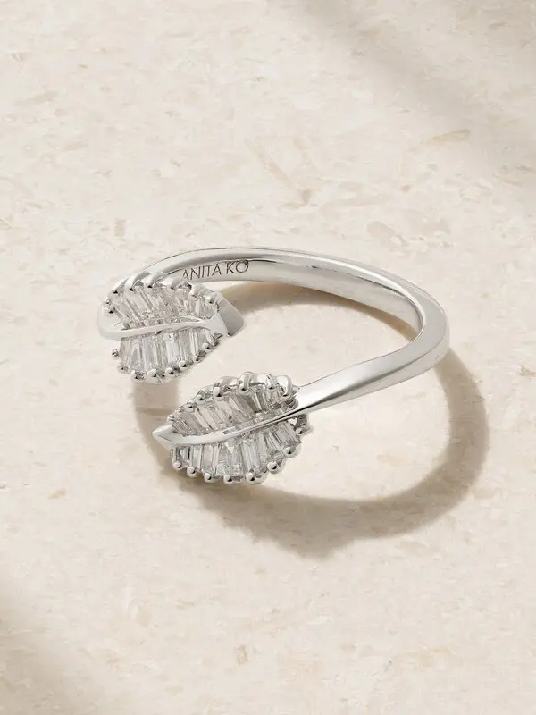 ANITA KO Small Palm Leaf 18-karat White Gold Diamond Ring - Silver