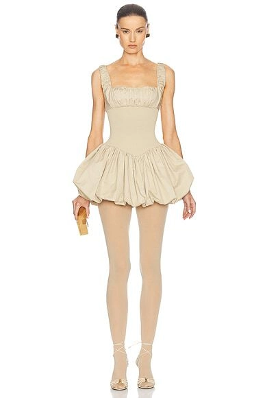 HELSA Rib Mix Puffy Mini Dress - Khaki