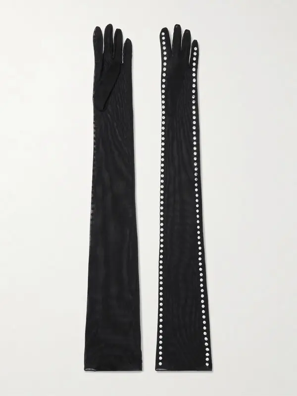 Oseree Crystal-embellished Mesh Evening Gloves - Black