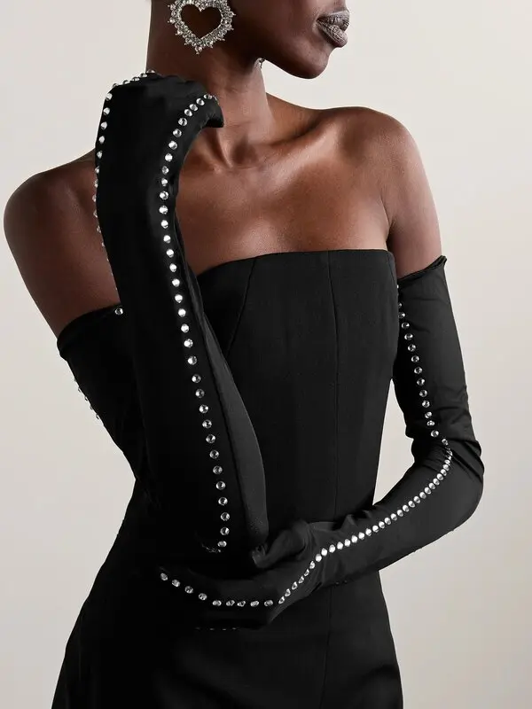 Oseree Crystal-embellished Mesh Evening Gloves
